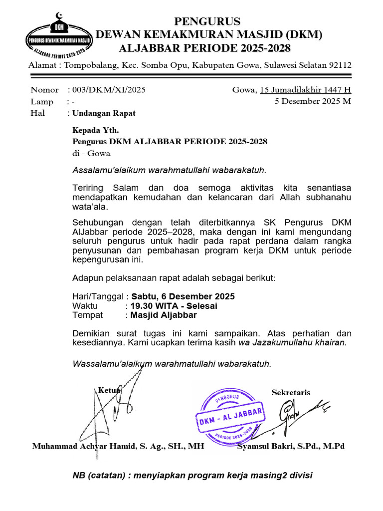 Undangan Rapat Pengurus DKM Aljabbar | PDF
