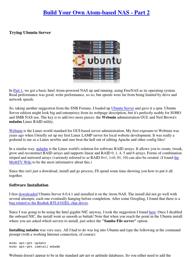 Configuring An Ubuntu Server Based Nas With Mdadm Software Raid And Webmin Gui Administration