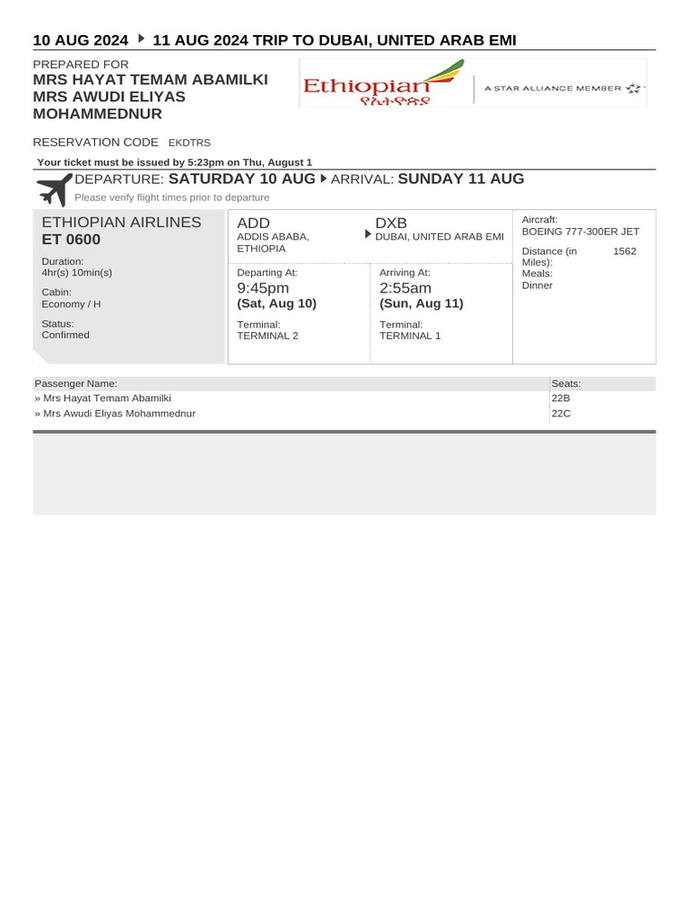 Travel Reservation August 10 For Mrs Hayat Temam Abamilki | PDF