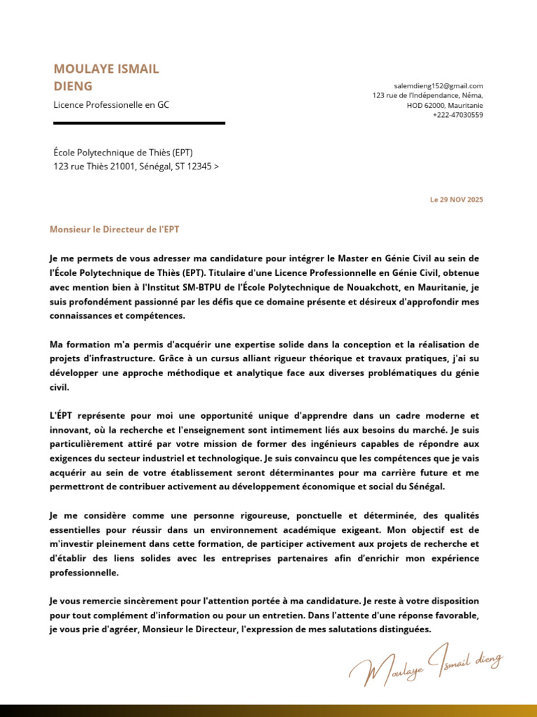 Candidature Master Génie Civil EPT | PDF