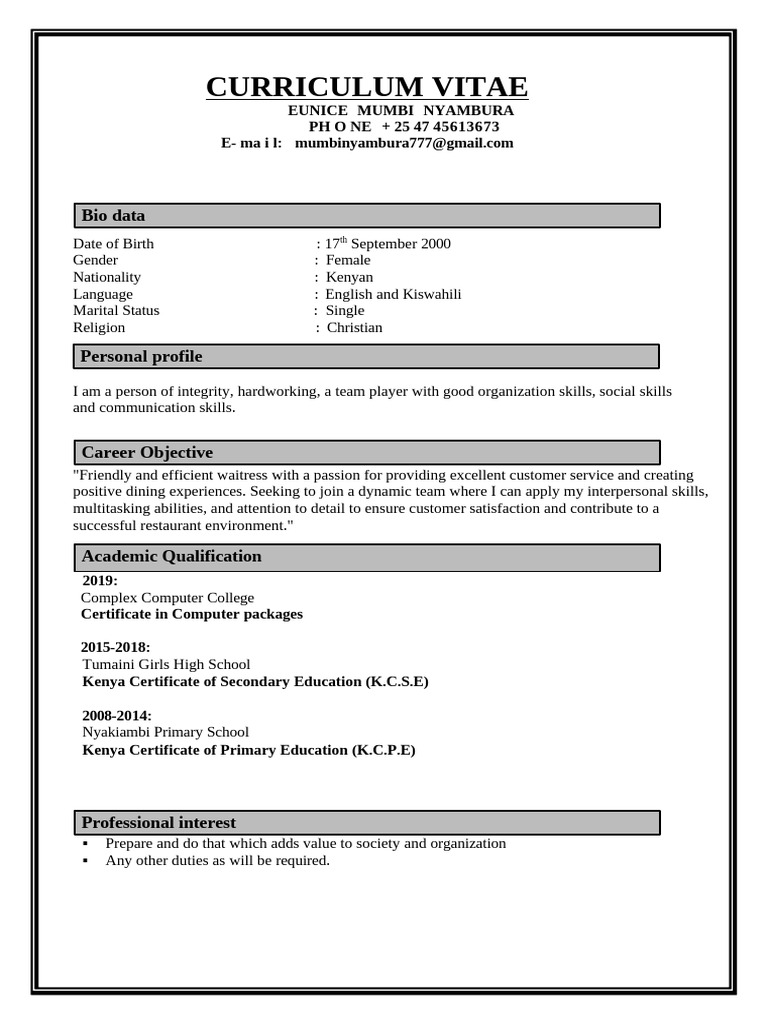 Eunice Mumbi Nyambura CV | PDF