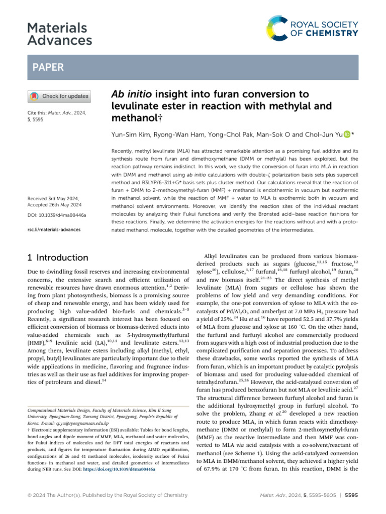 Ab Initio Insight Into Furan Conversion To Levulin | PDF | Chemical ...