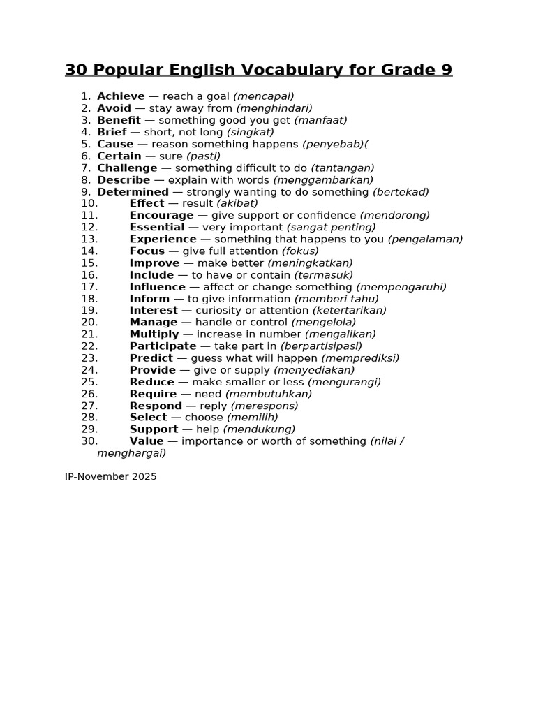 30 Popular English Vocabulary For Grade 9 | PDF