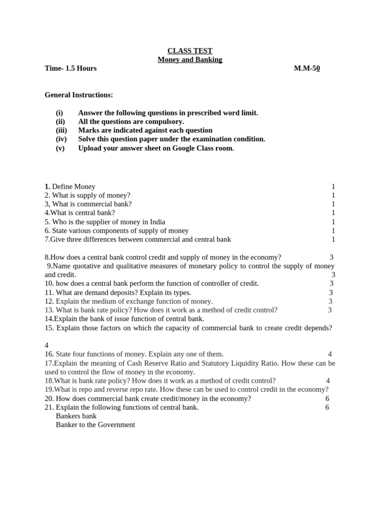 Money and Banking Class Test Questions | PDF | Money | Money Supply