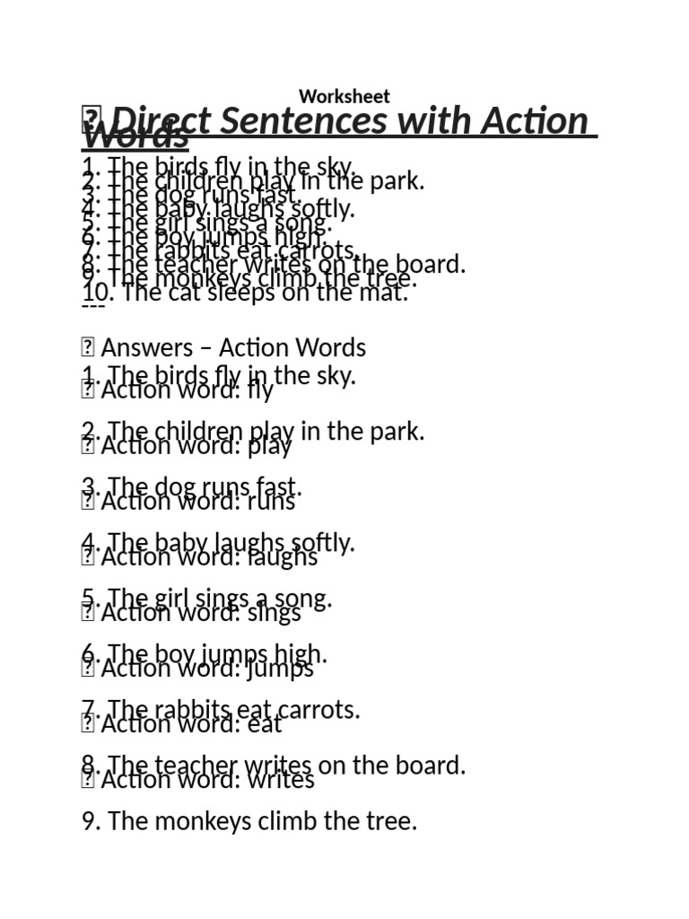 Action Words Worksheet for Kids | PDF
