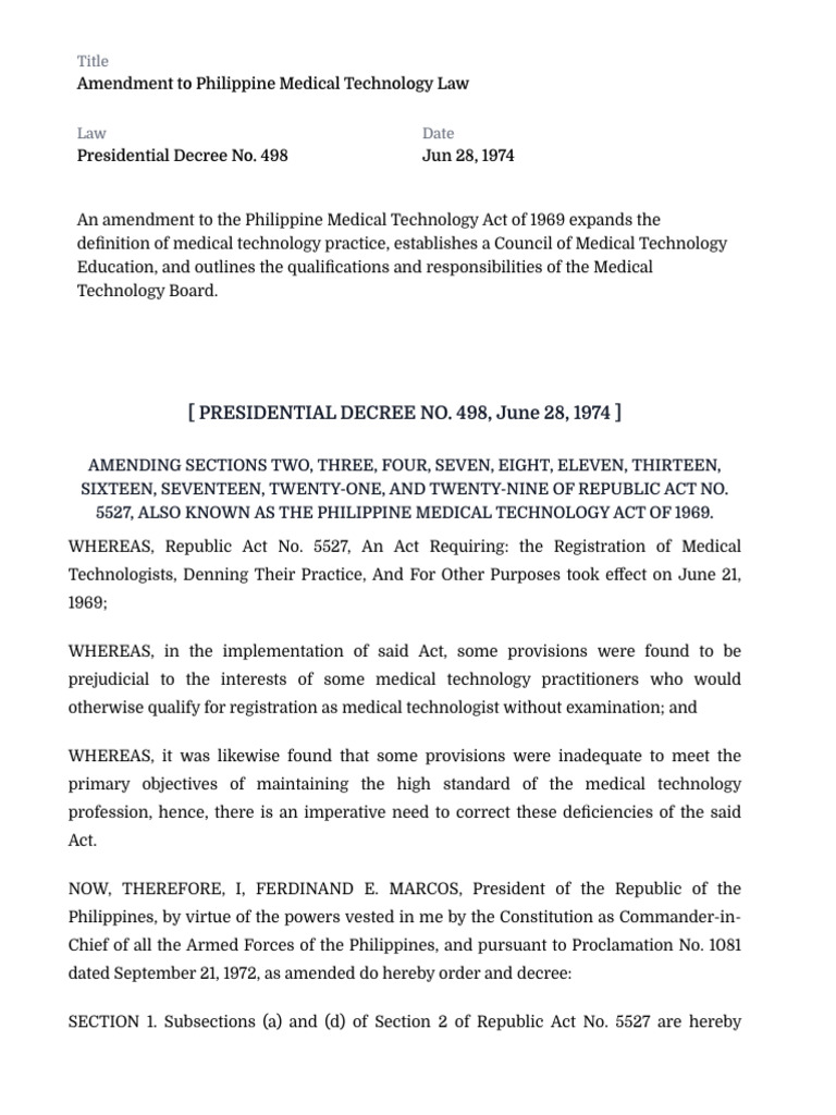 Amendment To Philippine Medical Technology Law - Presidential Decree No ...