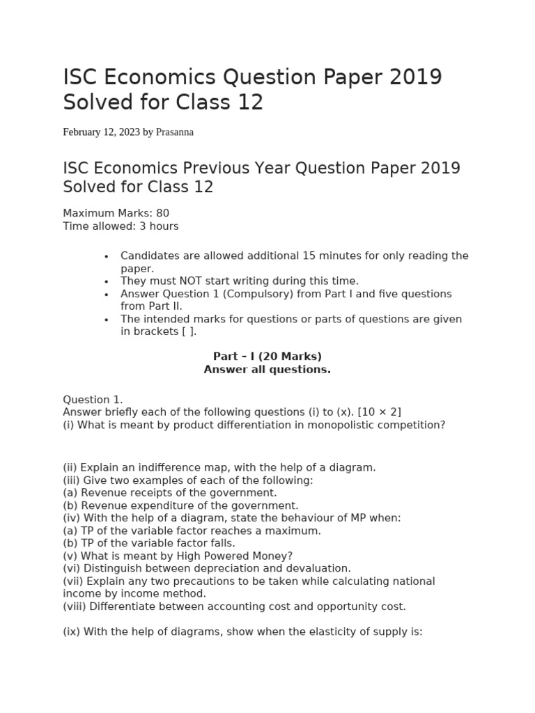 ISC Economics Question Papers Solved For Class 12 | PDF | Demand ...