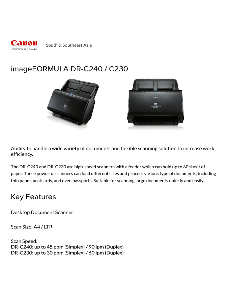 Document Scanners - ImageFORMULA DR-C240 - C230 - Canon South ...