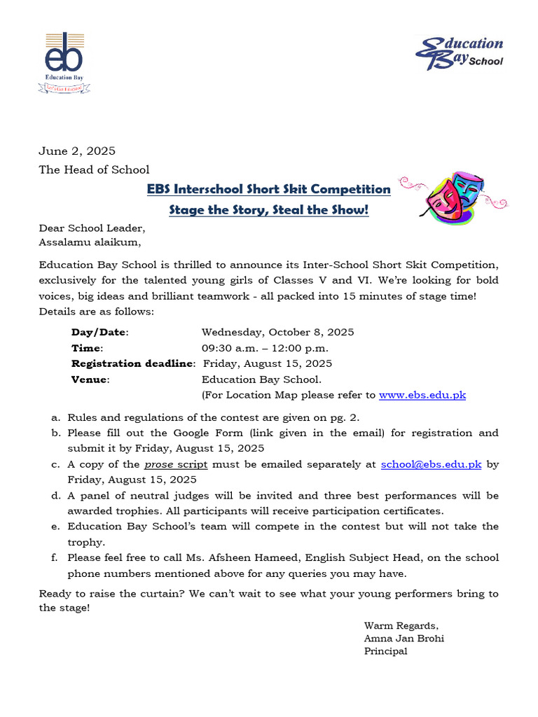 Invitation Letter - EBS Interschool Short Skit Competition 2025 | PDF