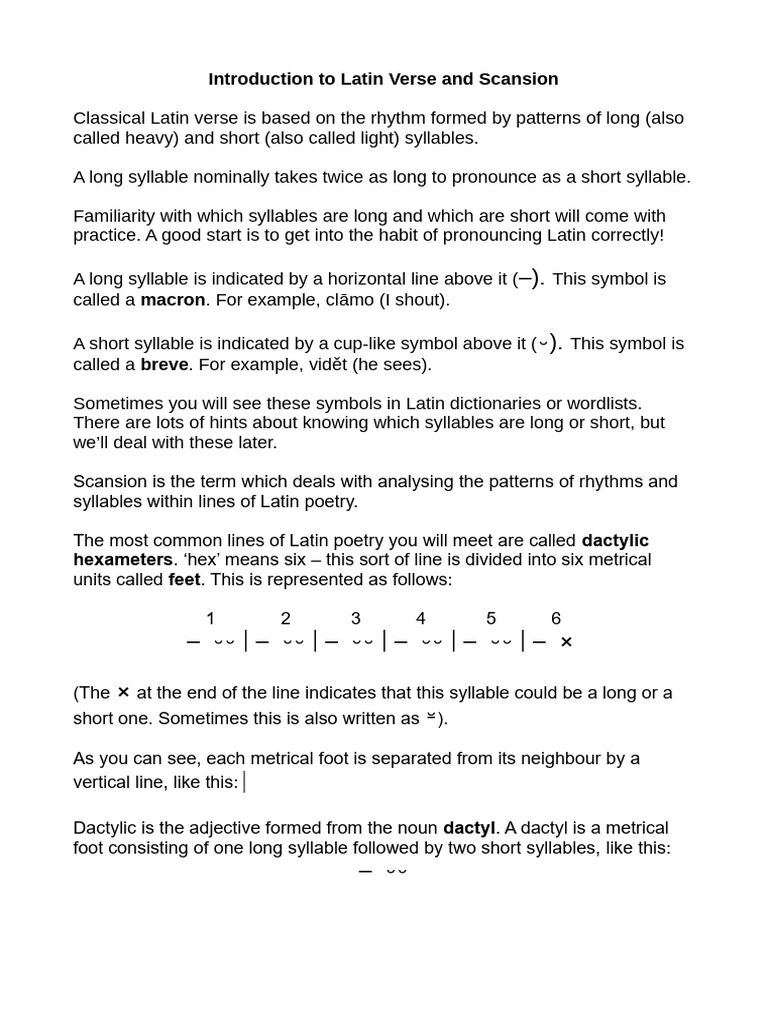 Introduction to Latin Verse and Scansion | PDF | Metre (Poetry ...