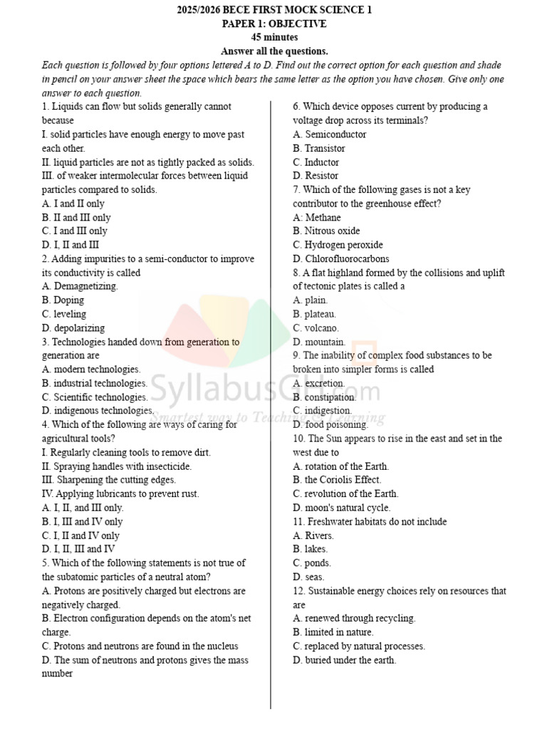 2025/2026 BECE Mock Science Paper 1 | PDF | Water | Soil