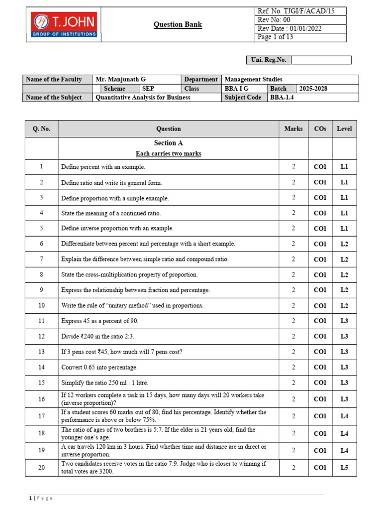 BBA Quantitative Analysis Question Bank | PDF | Equations | Quadratic ...