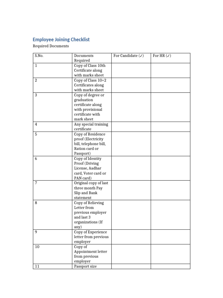 Essential Employee Joining Documents | PDF | Cheque | Access Control