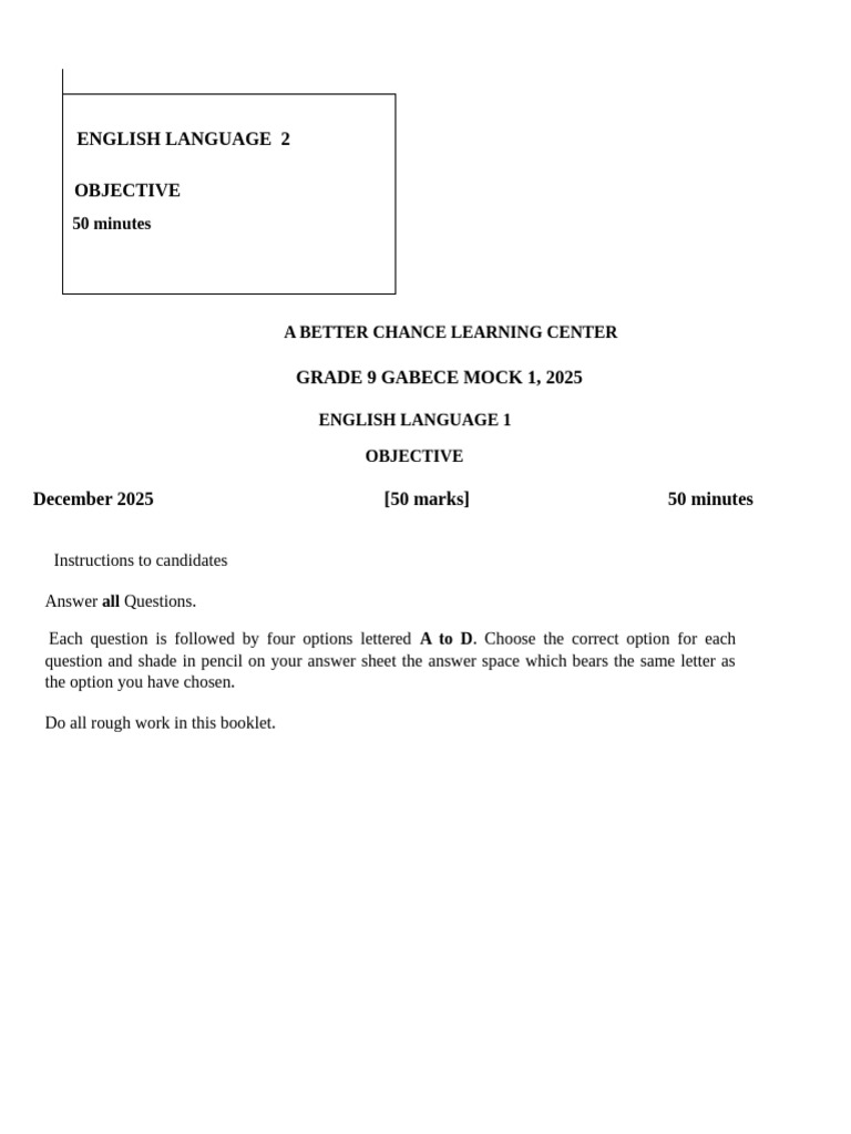 English Language Grade 9 Mock 1 Paper 1 December 2025 | PDF