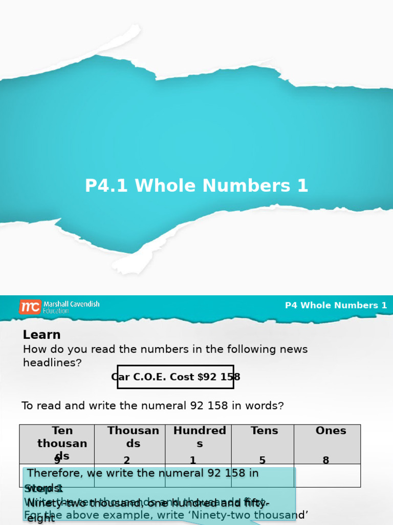 P4.1 Whole Numbers 1 Read and Write Numbers in Numerals and in Words | PDF