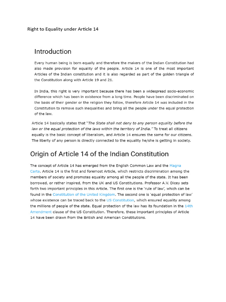 Understanding Article 14: Right to Equality | PDF