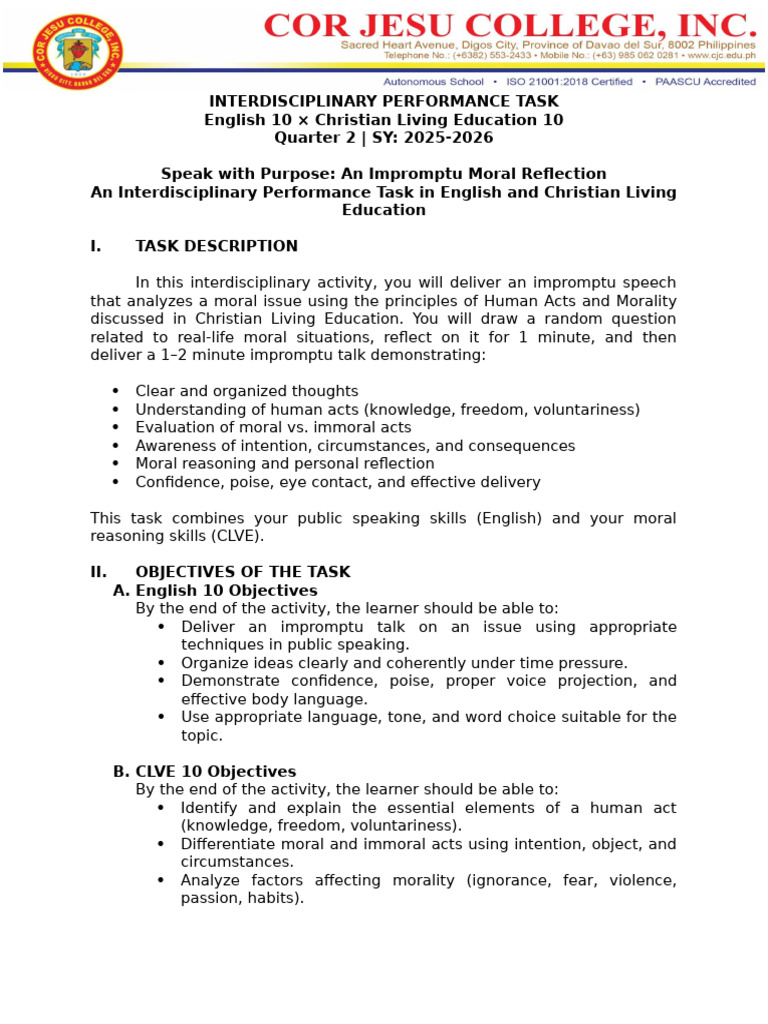 Quarter 2 Interdisciplinary Performance Task Template | PDF | Morality | Reason