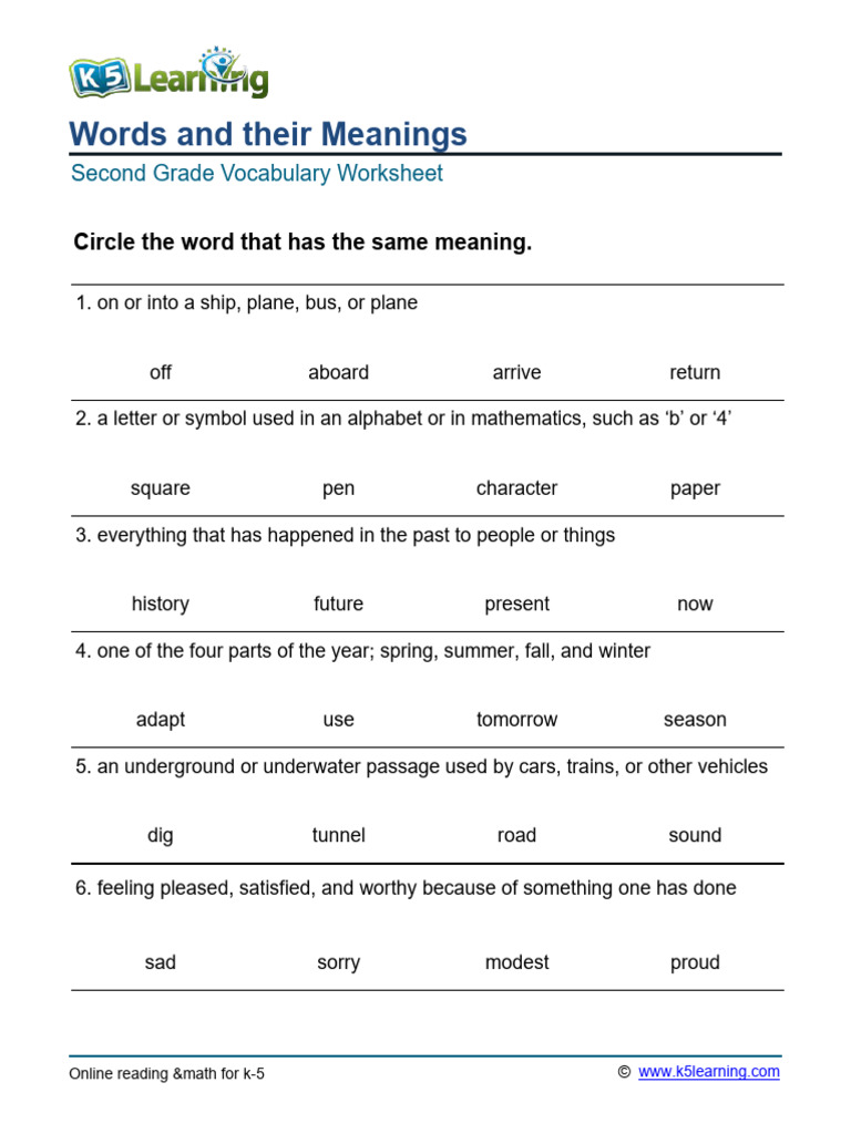 Second Grade Vocabulary Worksheet | PDF