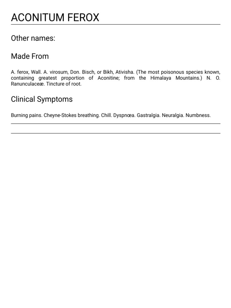 Aconitum Ferox: Symptoms & Effects | PDF | Diseases And Disorders