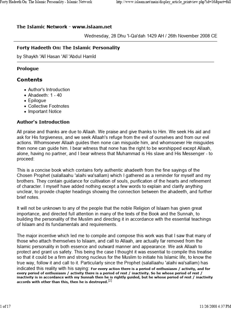 Forty Hadeeth on Islamic Personality | PDF | Hadith | Allah
