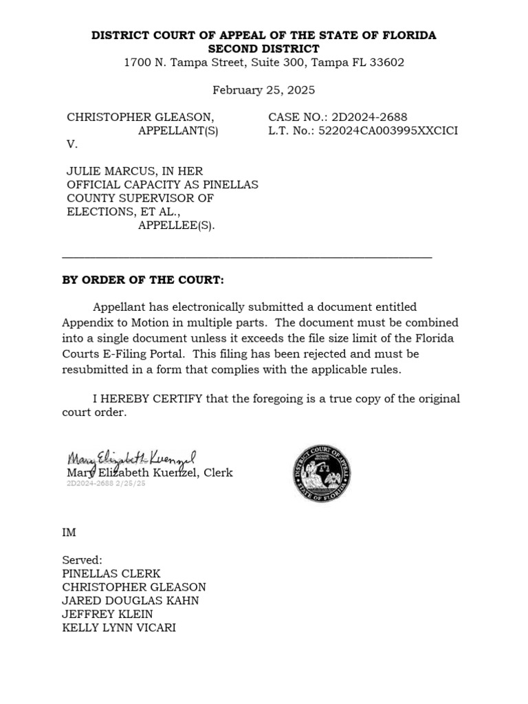 Court Order on Filing Rejection Case 2D2024-2688 | PDF