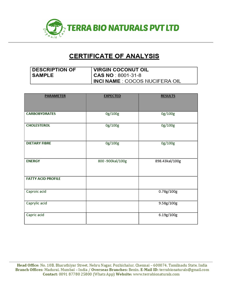 India Alibaba Good Virgin Coconut Oil COA June 2023 | PDF | Fat | Fatty ...