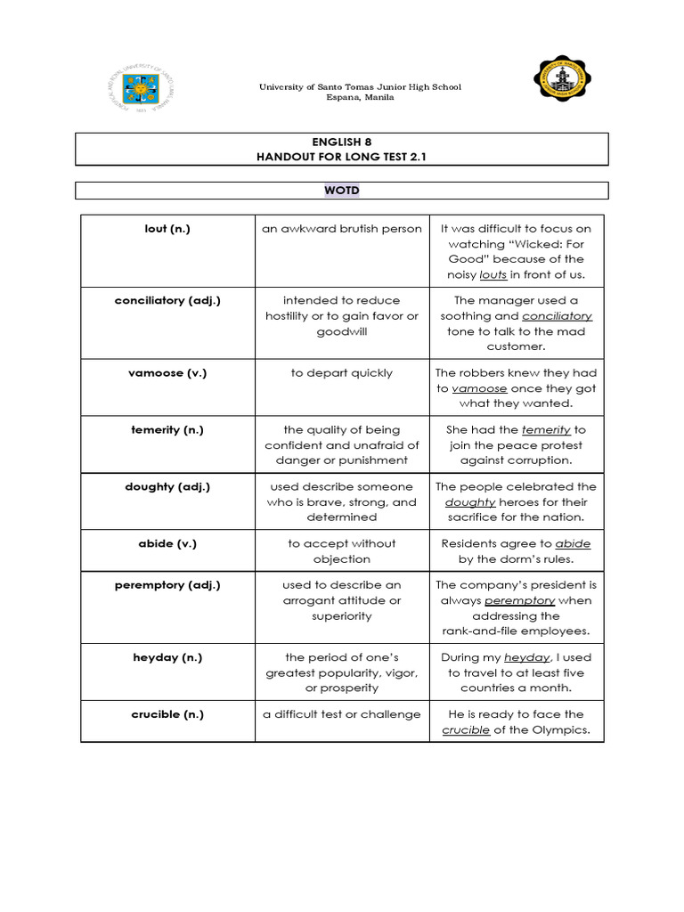 English 8 Long Test 2.1 Handout | PDF | Verb | Subject (Grammar)