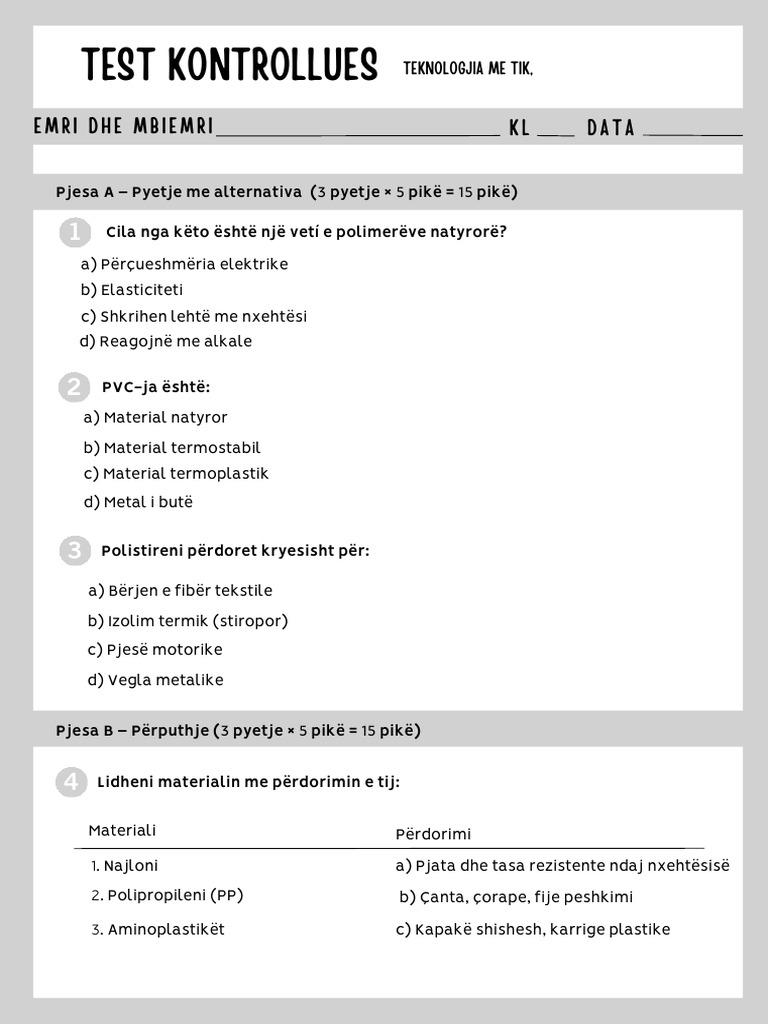 Test Kontrollues Klasa VII, Materialet | PDF