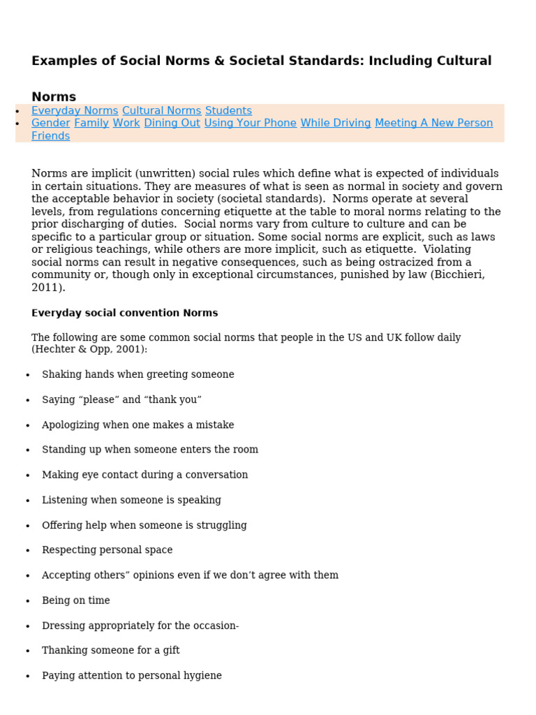 Social Norms: Cultural and Everyday Standards | PDF | Gender | Gender ...