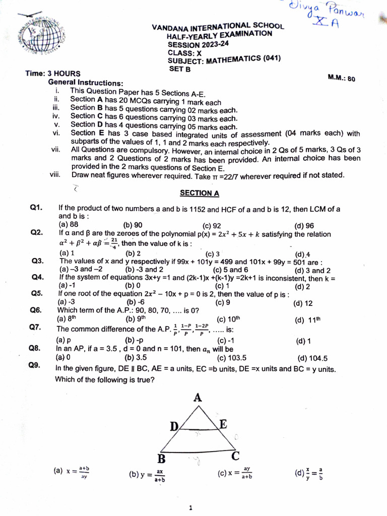 Class X Mathematics Half-Yearly Exam 2023-24 | PDF | Length | Area