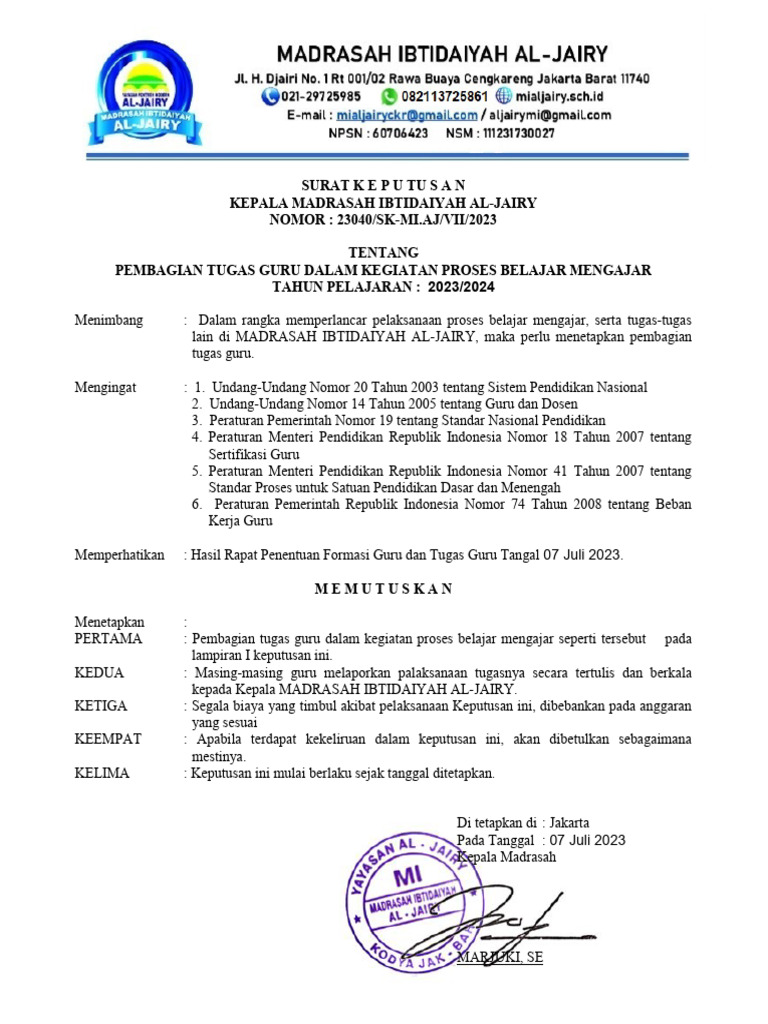 Sk Pembagian Tugas Guru 24 | PDF