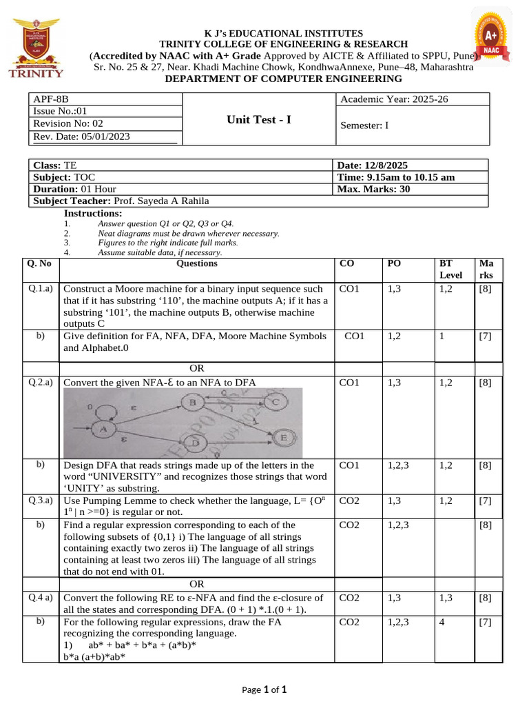 Unit Test 1 TOC_25-26 | PDF | String (Computer Science) | Theory Of ...