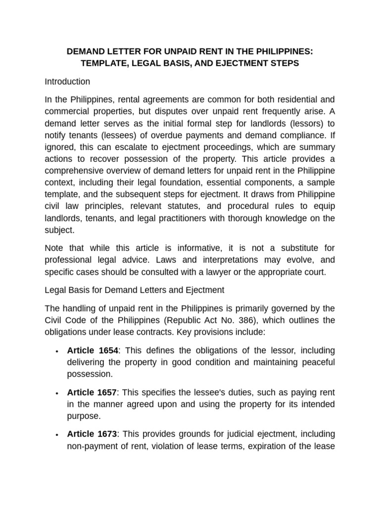 Demand Letter for Unpaid Rent in Philippines | PDF | Lease | Eviction