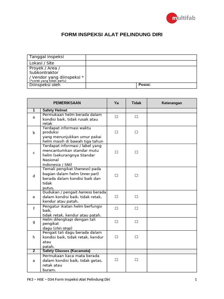 FK3 HSE 034 Form Inspeksi Alat Pelindung Diri | PDF