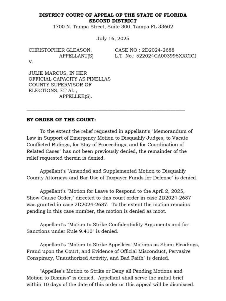Florida Court Order on Appeal Case 2D2024-2688 | PDF