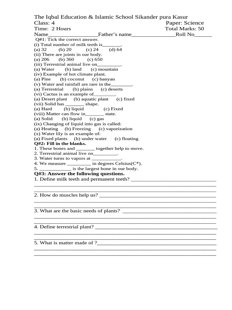 Class 4 Science Exam Paper - Iqbal School | PDF