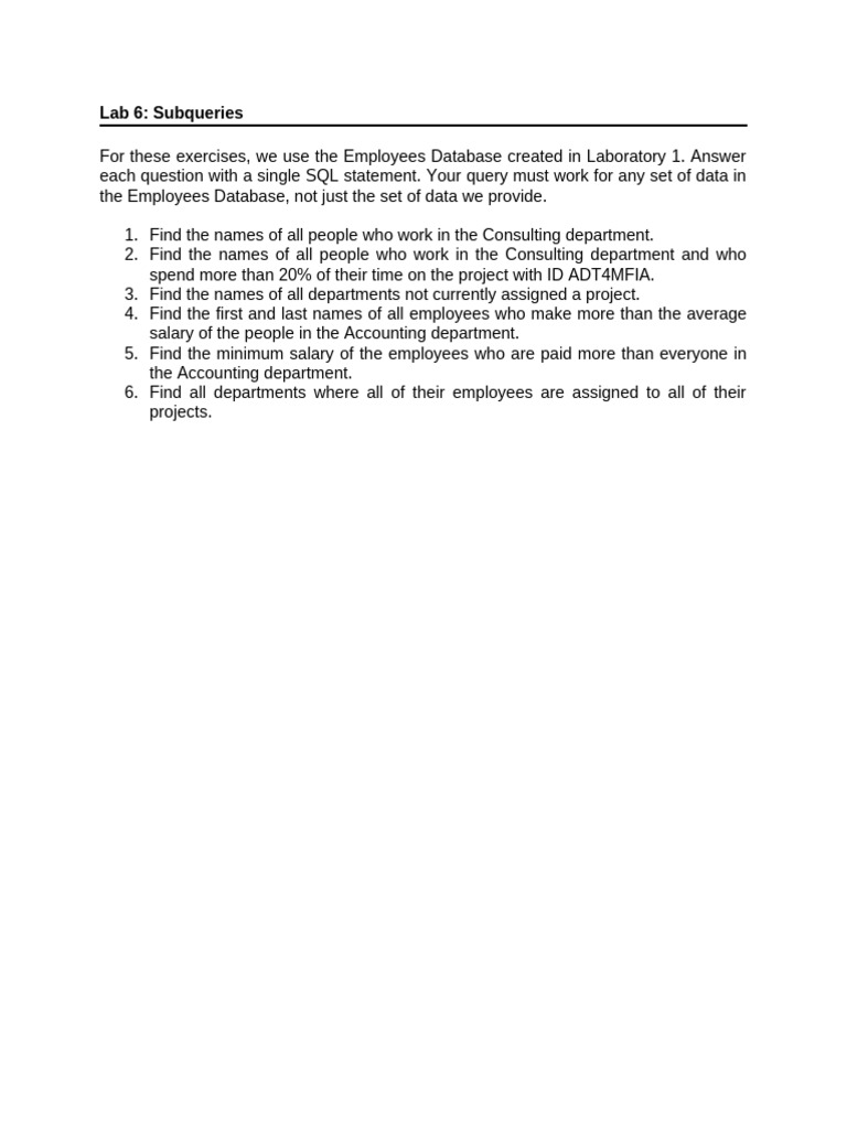 SQL Lab 6 Subqueries-1 | PDF