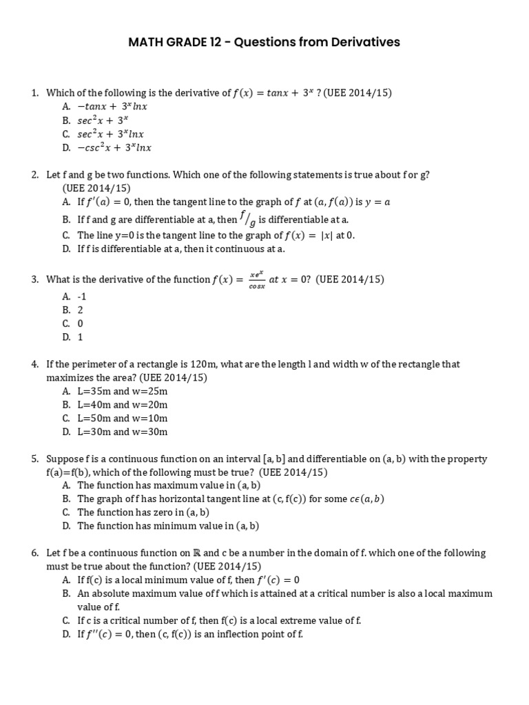 Math G12 - Derivatives Questions | PDF | Derivative | Tangent