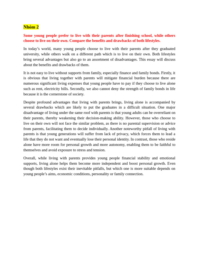 Benefits and Drawbacks of Living Alone vs. With Parents | PDF