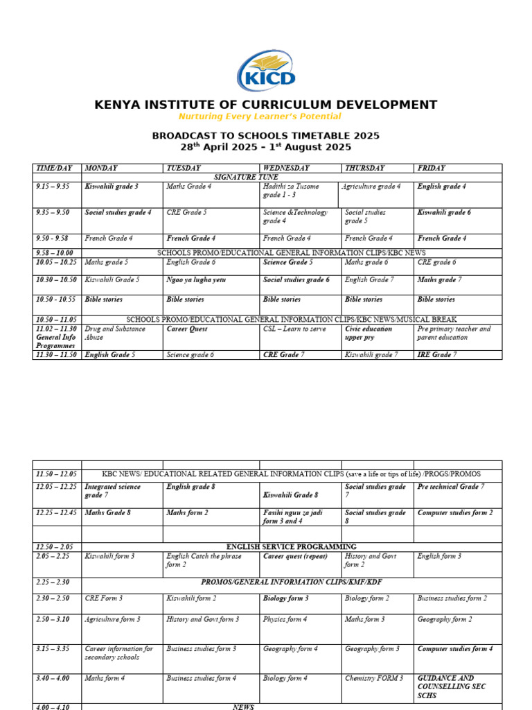 Kicd Radio Lessons Timetable 2025 Term 2 | PDF