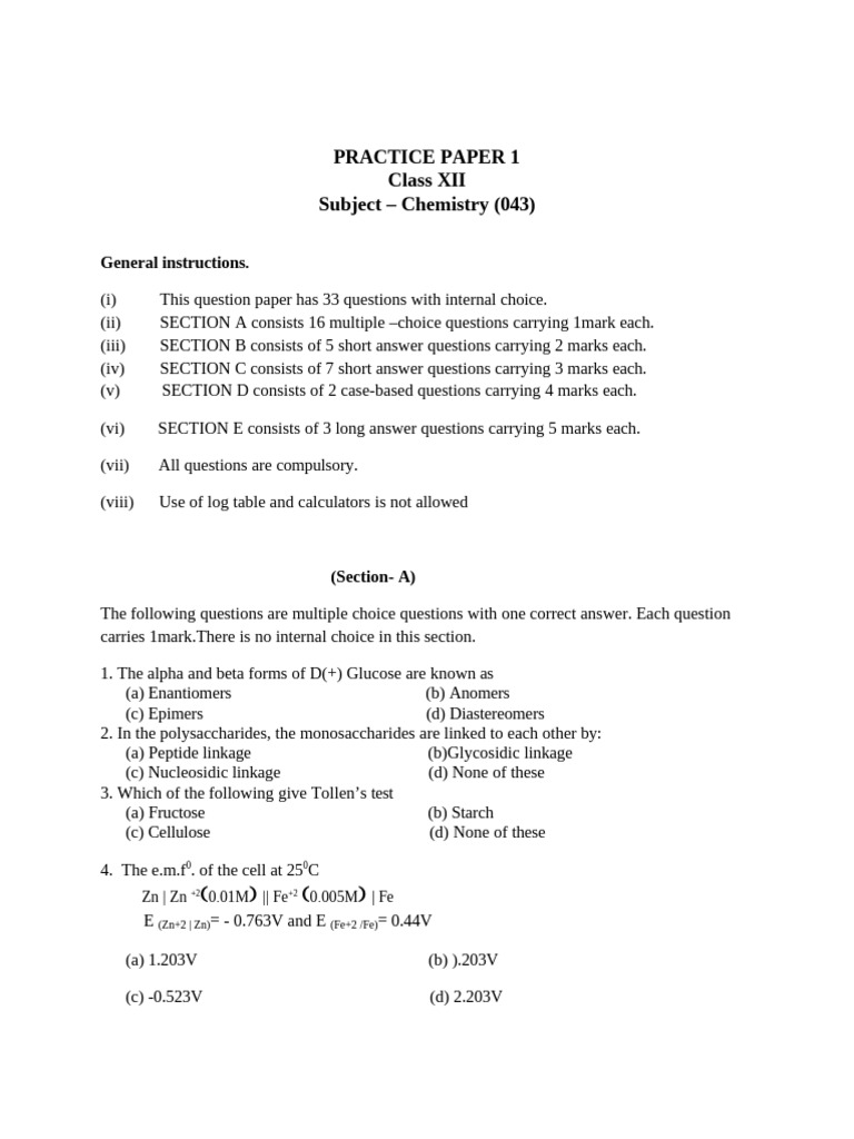 Class XII Chemistry Practice Paper 1 | PDF | Amine | Chemical Reactions