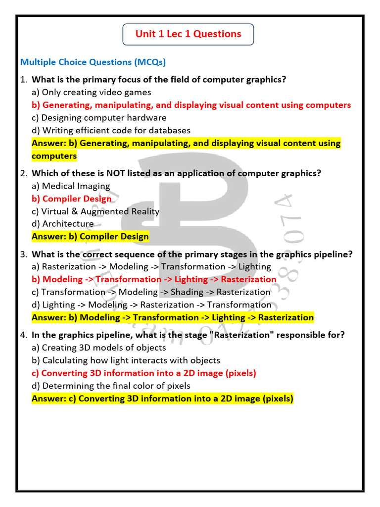Computer Graphics Unit 1 & 2 & 3 Questions | PDF | Rendering (Computer ...
