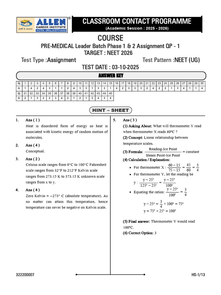 PRE MEDICAL Leader Batch Phase 1 2 Assignment QP 1 HS Physics 8323295b ...