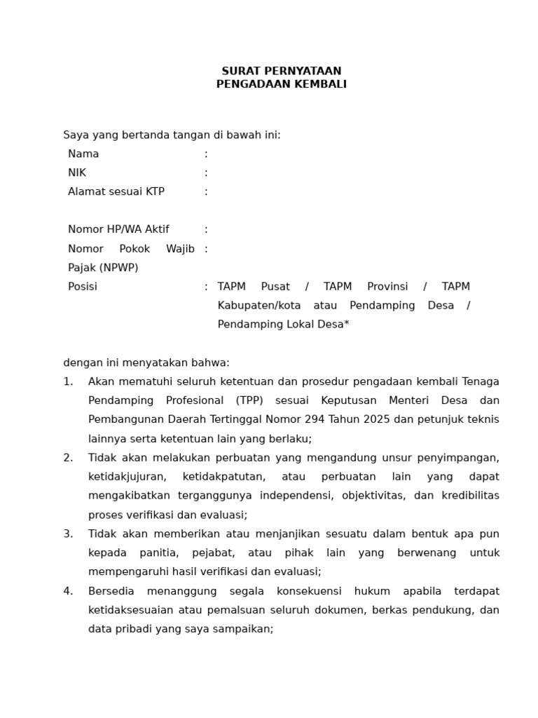 Format Surat Pernyataan TPP Pengadaan Kembali 2026 | PDF