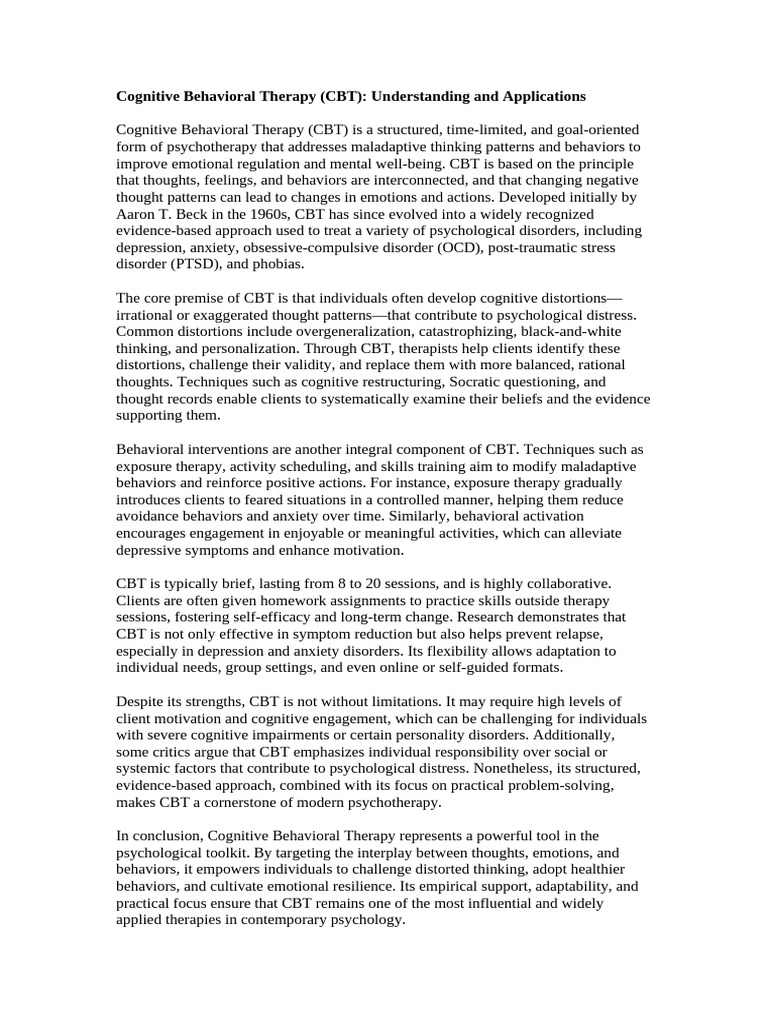 Understanding Cognitive Behavioral Therapy | PDF | Cognitive Behavioral ...
