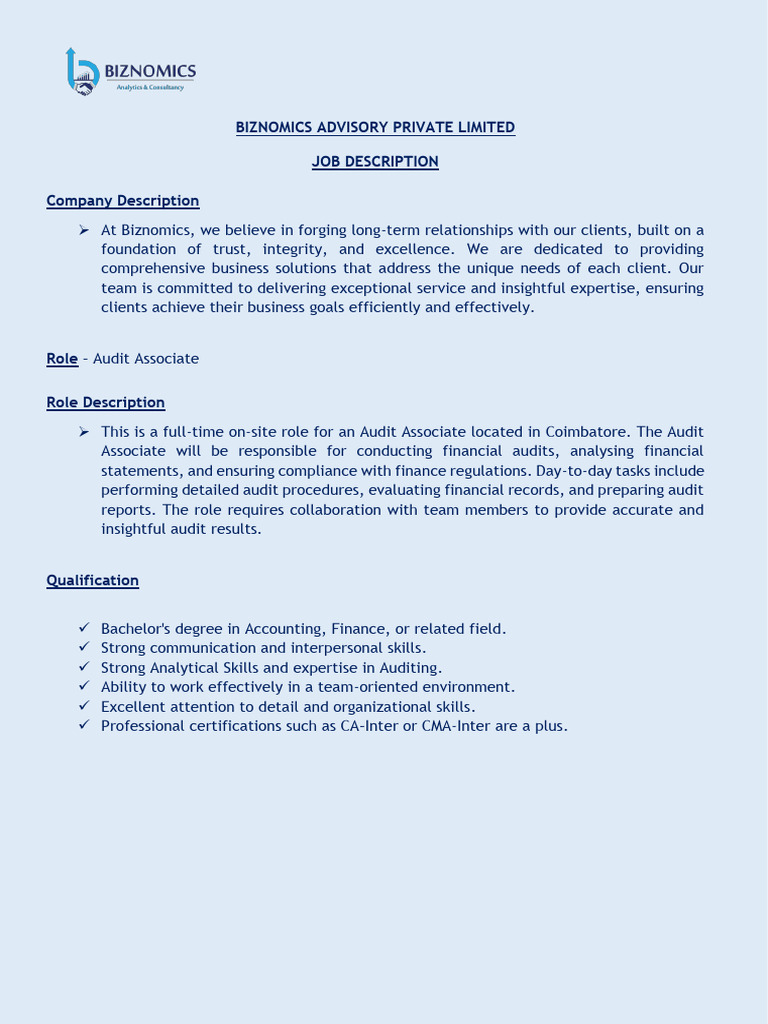 Audit Associate Job Opening at Biznomics | PDF