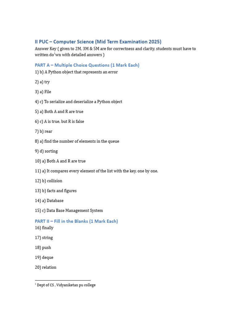II PUC Computer Science Exam Answer Key | PDF | Queue (Abstract Data ...