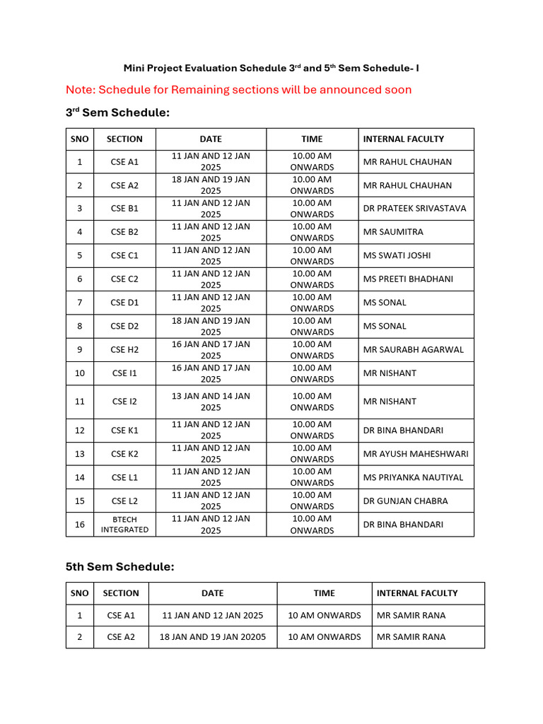 Mini Project Evaluation Schedule 3rd and 5th Sem Schedule 1 | PDF