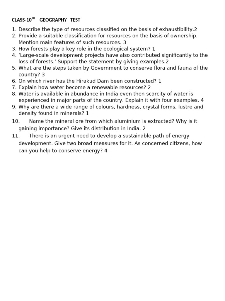 Class 10 Geography Test | PDF