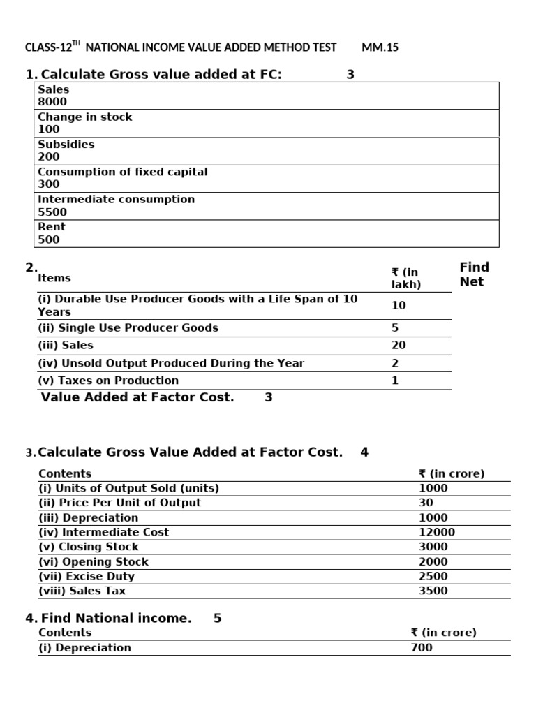 Class 12 National Income Calculation Test | PDF